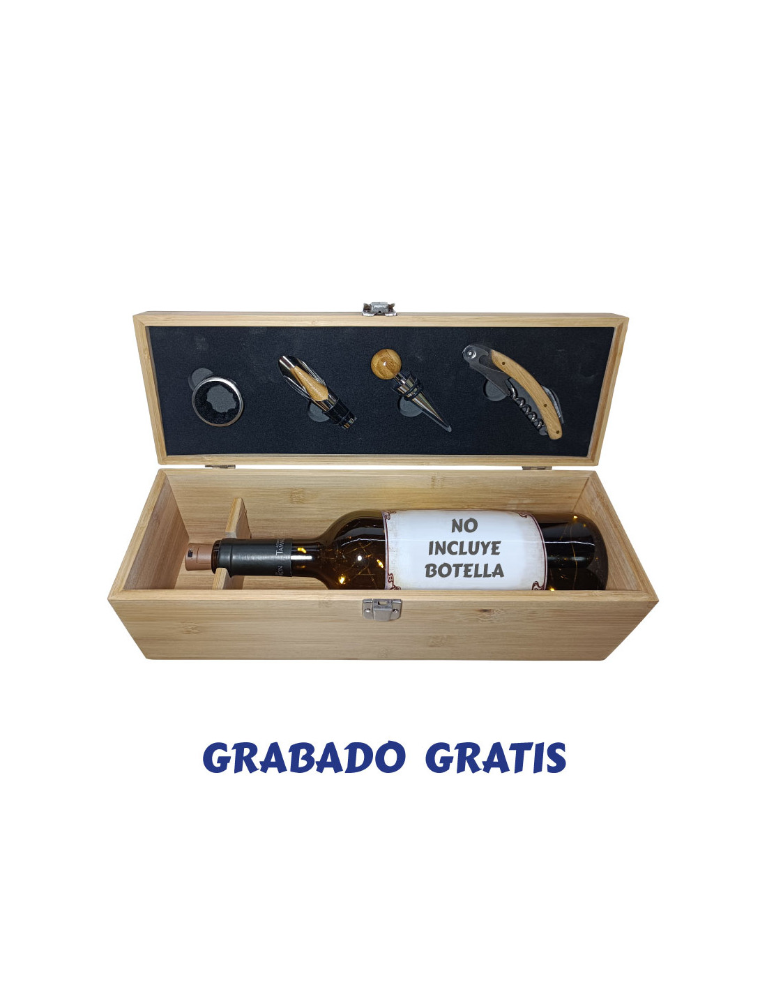 Caja madera personalizada con texto para botella de vino con accesorios